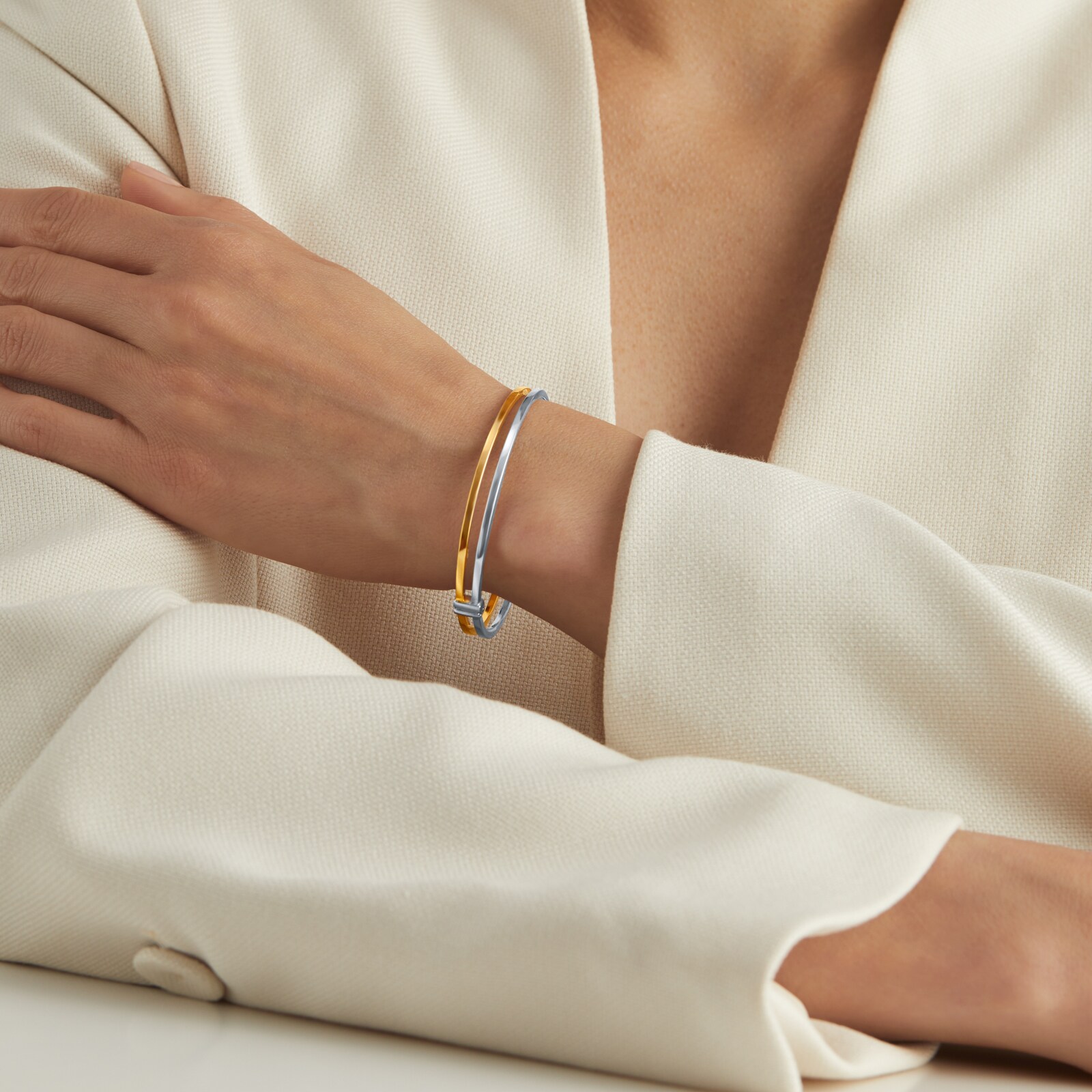 Goldsmiths 9ct Yellow and White Gold Double Square Bangle 2.31.2171 ...