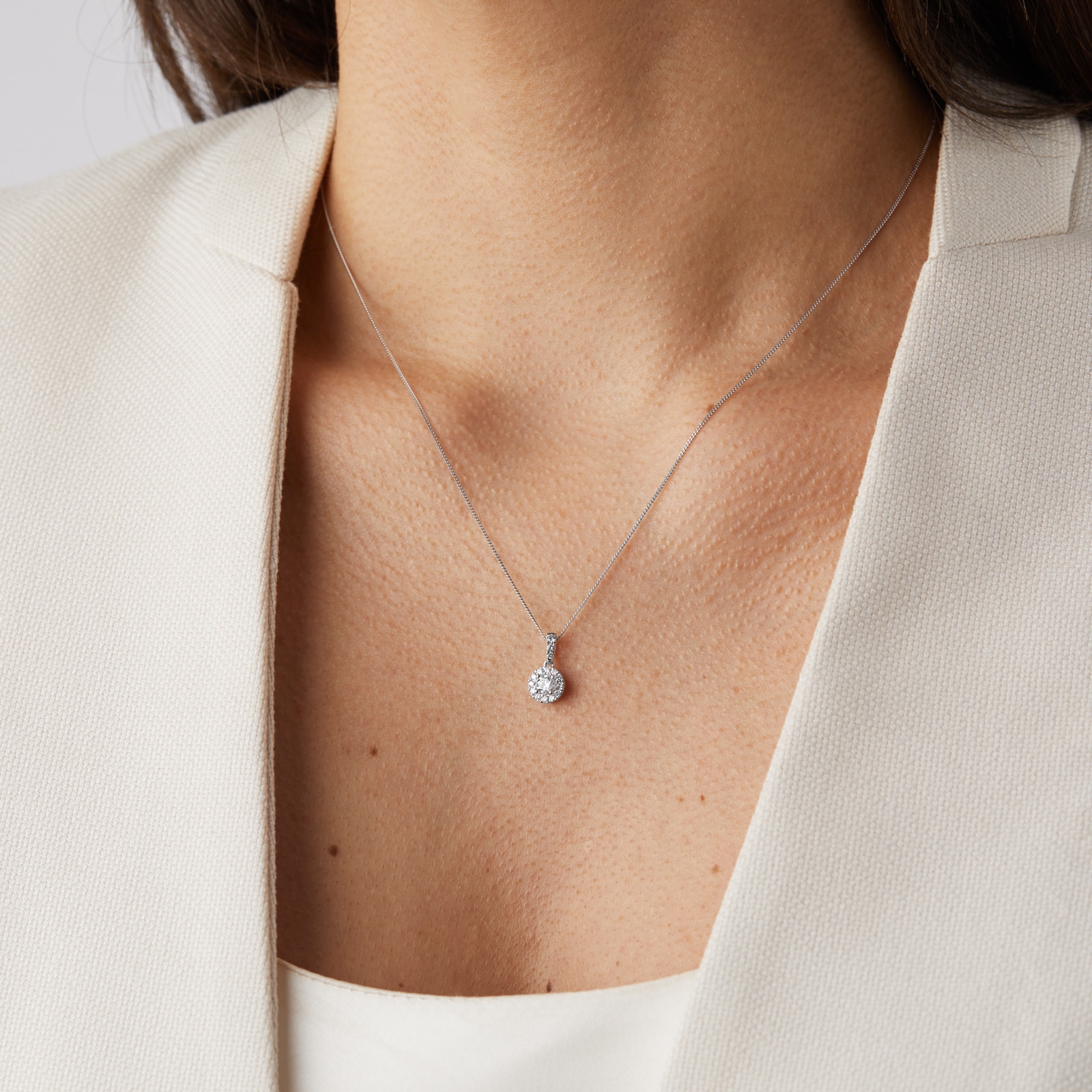 Goldsmiths 9ct White Gold 0.40cttw Round Halo Pendant JEU5209 | Goldsmiths