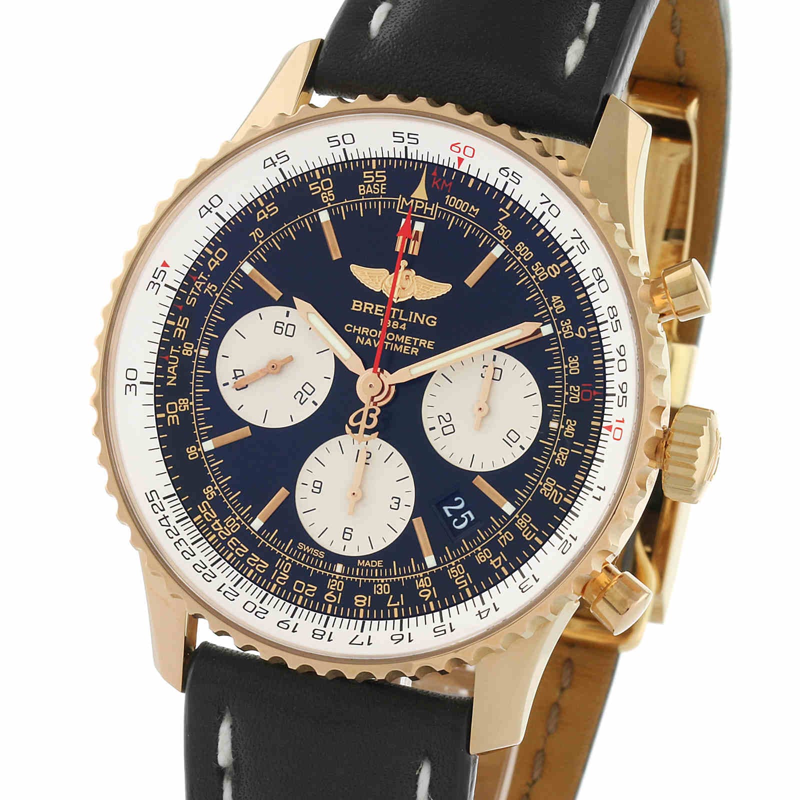 Breitling Navitimer Automatic 18ct Red Gold Leather Strap 43mm Mens ...