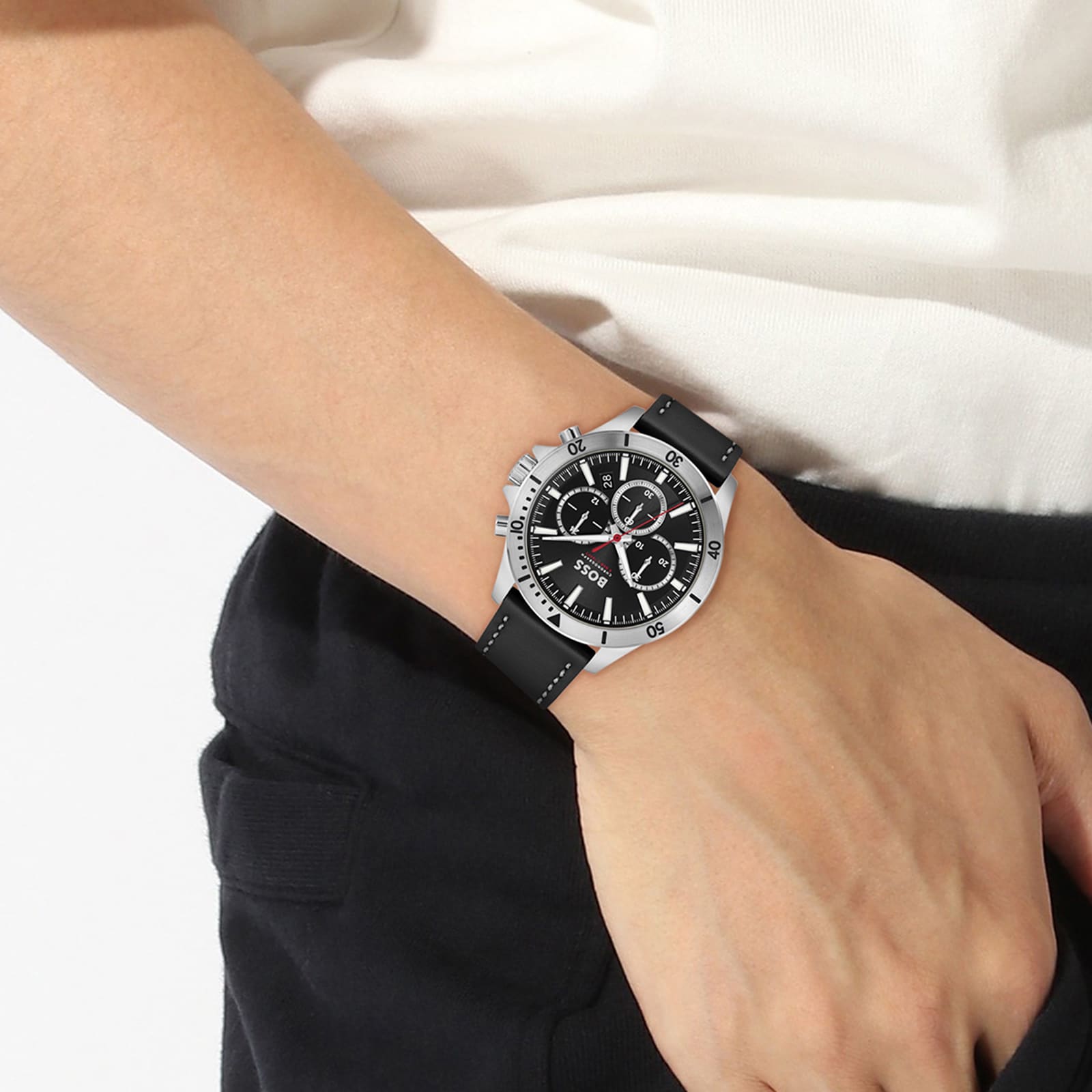 BOSS Troper Chronograph Leather Strap 44mm Mens Watch Black 1514055 ...