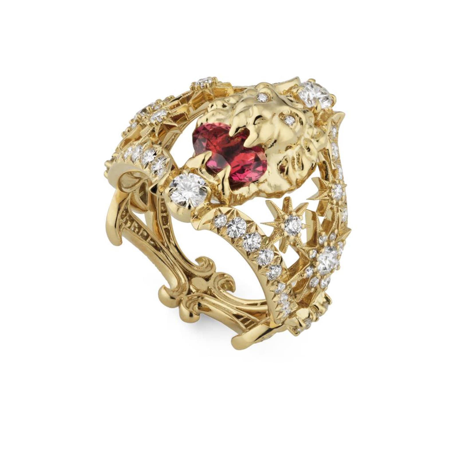 Gucci 18ct Yellow Gold Lion Head Diamond & Tourmaline Ring YBC679144002 ...