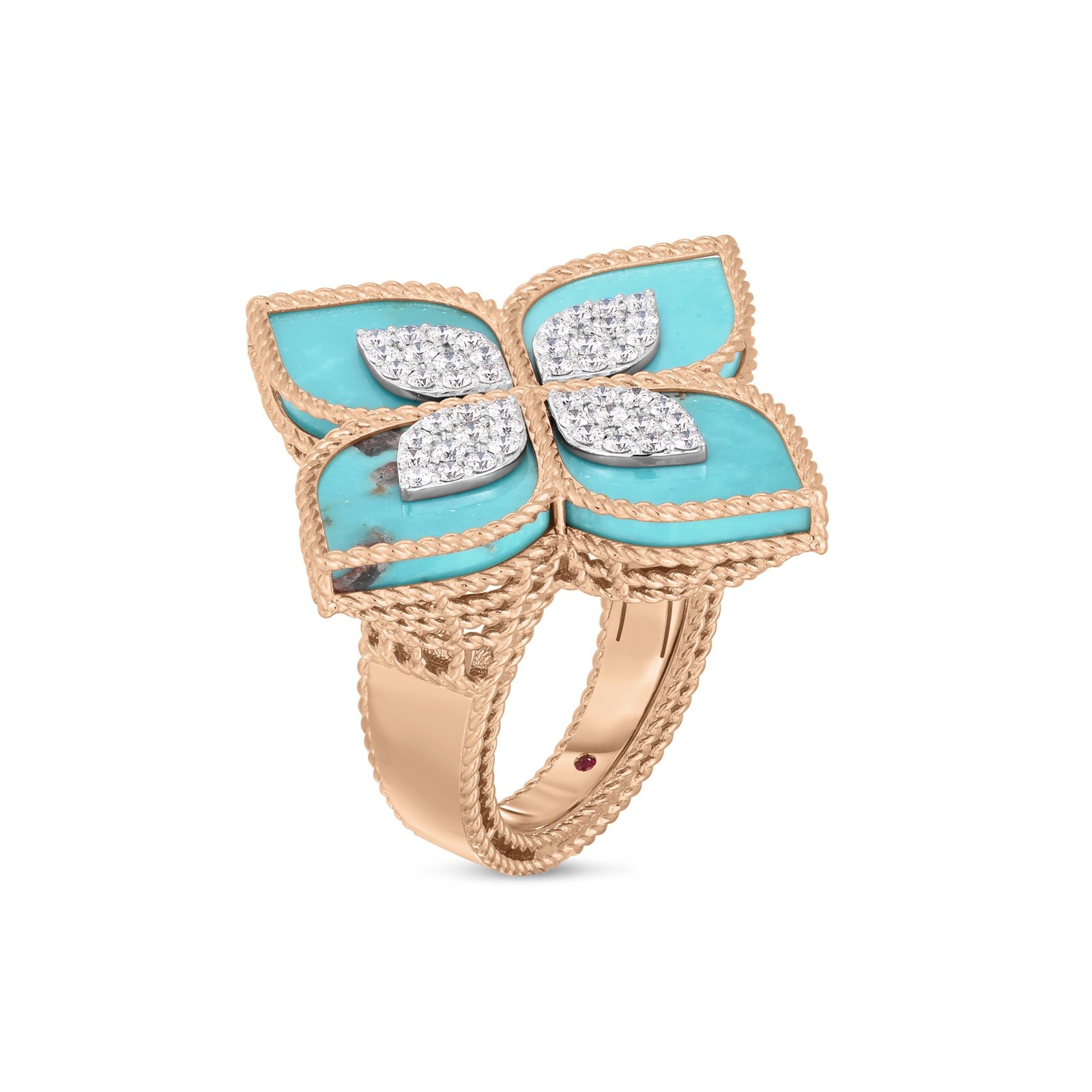 Roberto Coin Princess Flower 18ct Rose Gold 0.72ct Diamond & Turquoise ...