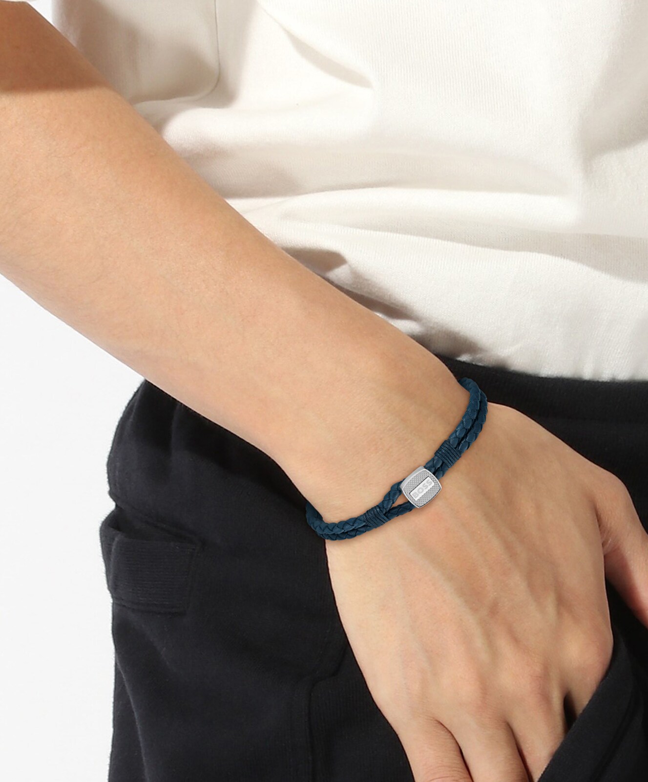 BOSS Gents BOSS Seal Blue Leather Braided Bracelet 1580293 | Goldsmiths
