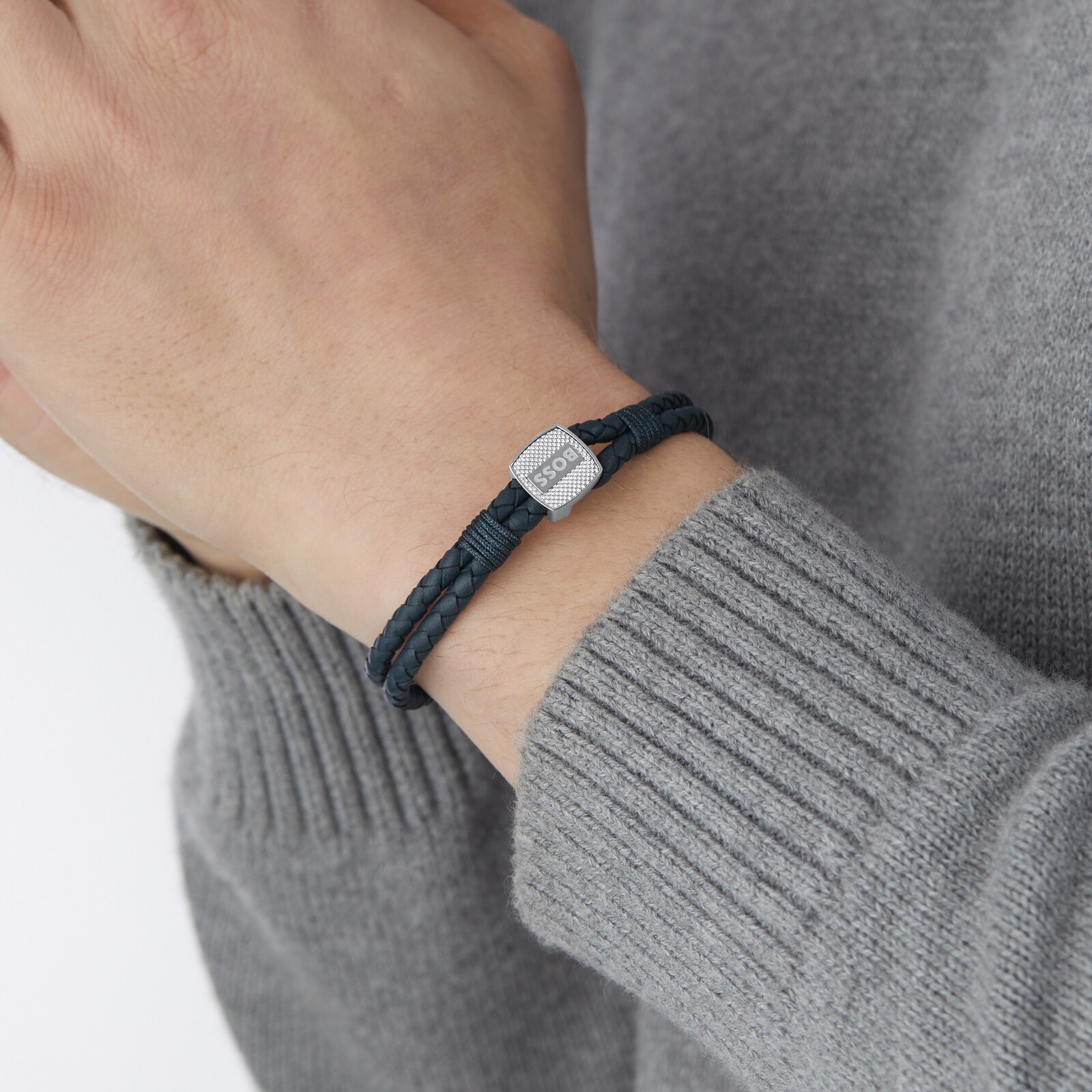BOSS Gents BOSS Seal Blue Leather Braided Bracelet 1580293 | Goldsmiths